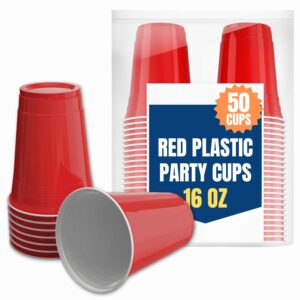 1inthehome red cups 16 oz, plastic party cups, red plastic cups, disposable plastic cups, 50 pcs