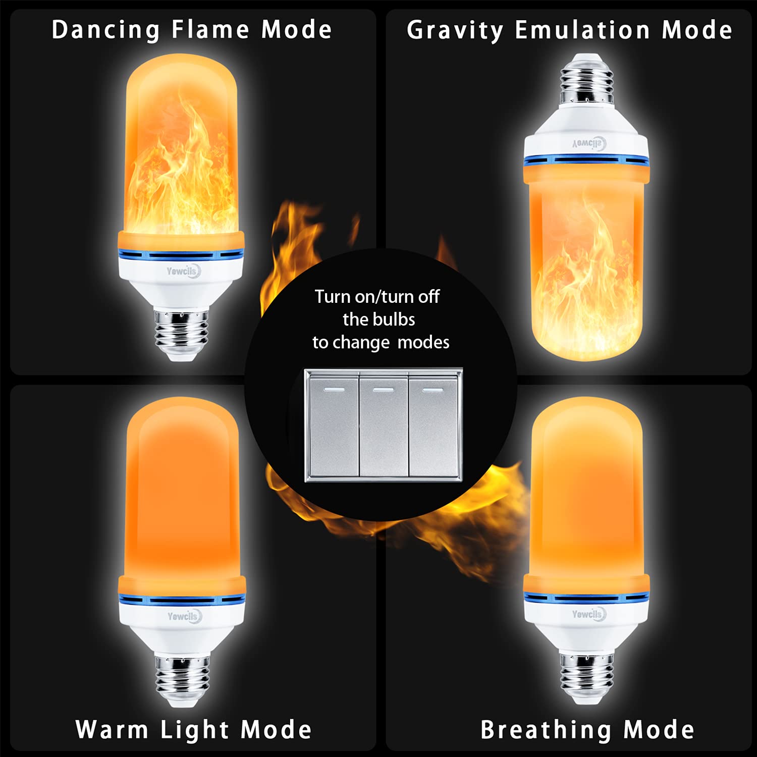 Yewclls LED Flame Effect Light Bulb, 4 Modes E26 Base Fire Light Bulbs with Gravity Sensor (2-Pack)