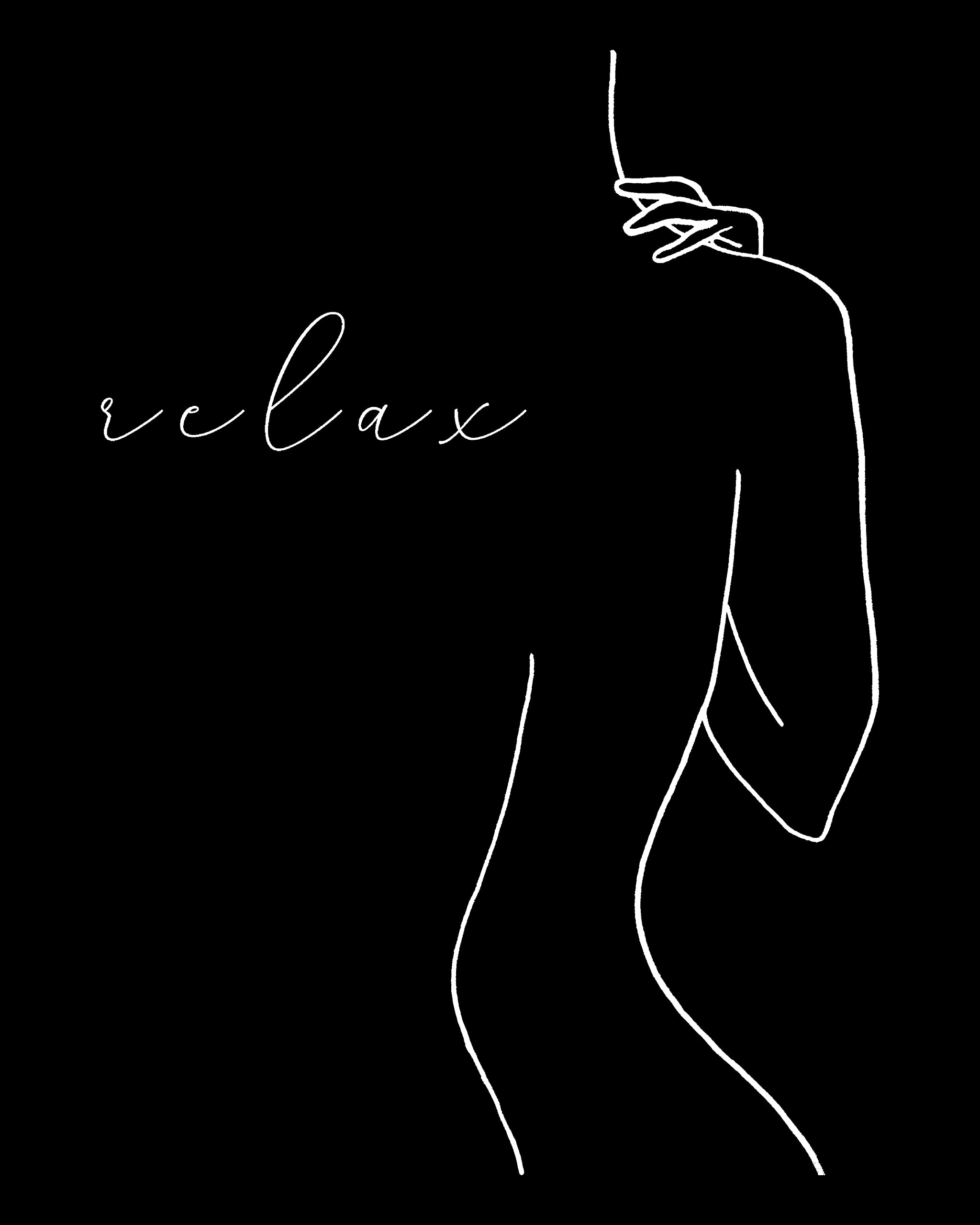 Abstract Minimalist "Relax, Unwind" Black Wall Decor - Set of 2-8"x10" UNFRAMED Prints - Modern, Minimal, Black And White Line Art - Female Figure Silhouette - Bathroom Wall Decor