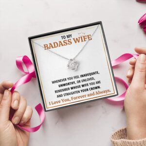 Wife Necklace Gift From Husband To My Badass Wife Crown Love Knot Pendant Valentines Day Anniversary Jewelry With Message Card and Gift Box (Standard Box, White Badass Wife)