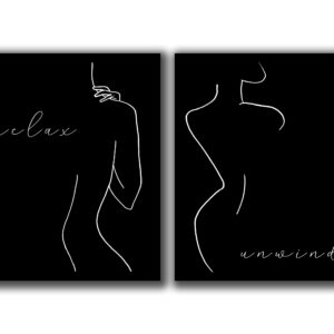 Abstract Minimalist "Relax, Unwind" Black Wall Decor - Set of 2-8"x10" UNFRAMED Prints - Modern, Minimal, Black And White Line Art - Female Figure Silhouette - Bathroom Wall Decor