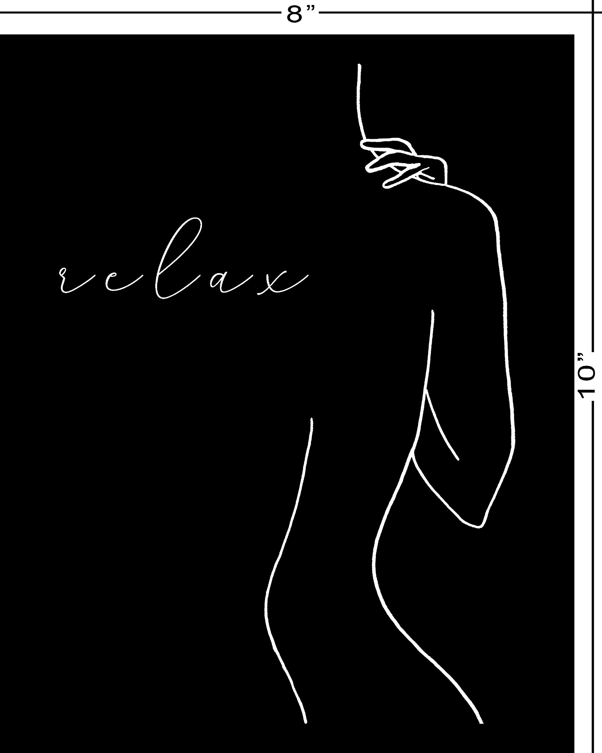 Abstract Minimalist "Relax, Unwind" Black Wall Decor - Set of 2-8"x10" UNFRAMED Prints - Modern, Minimal, Black And White Line Art - Female Figure Silhouette - Bathroom Wall Decor