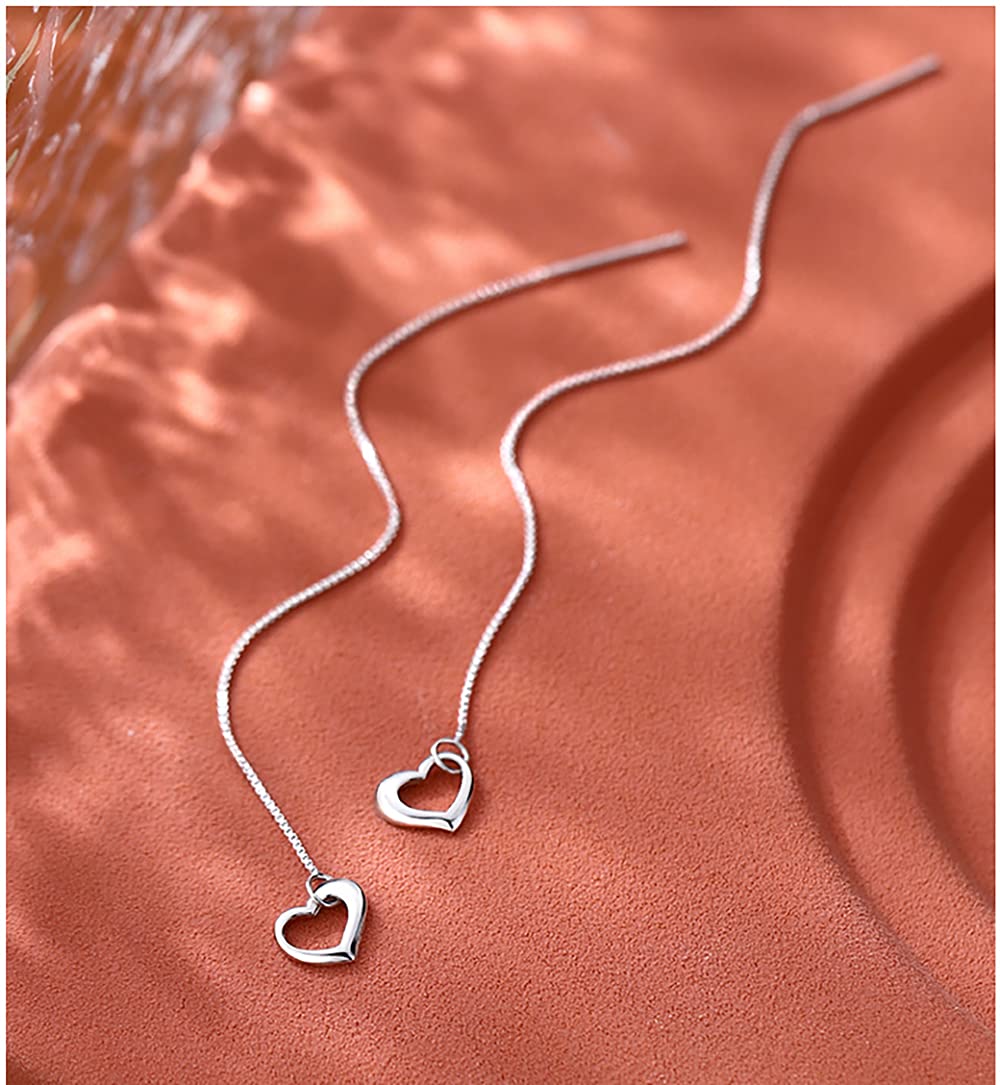 Reffeer Solid 925 Sterling Silver Love Heart Chain Dangle Earrings Tassel for Women Heart Dangle Earrings Threader Drops (A-Silver)