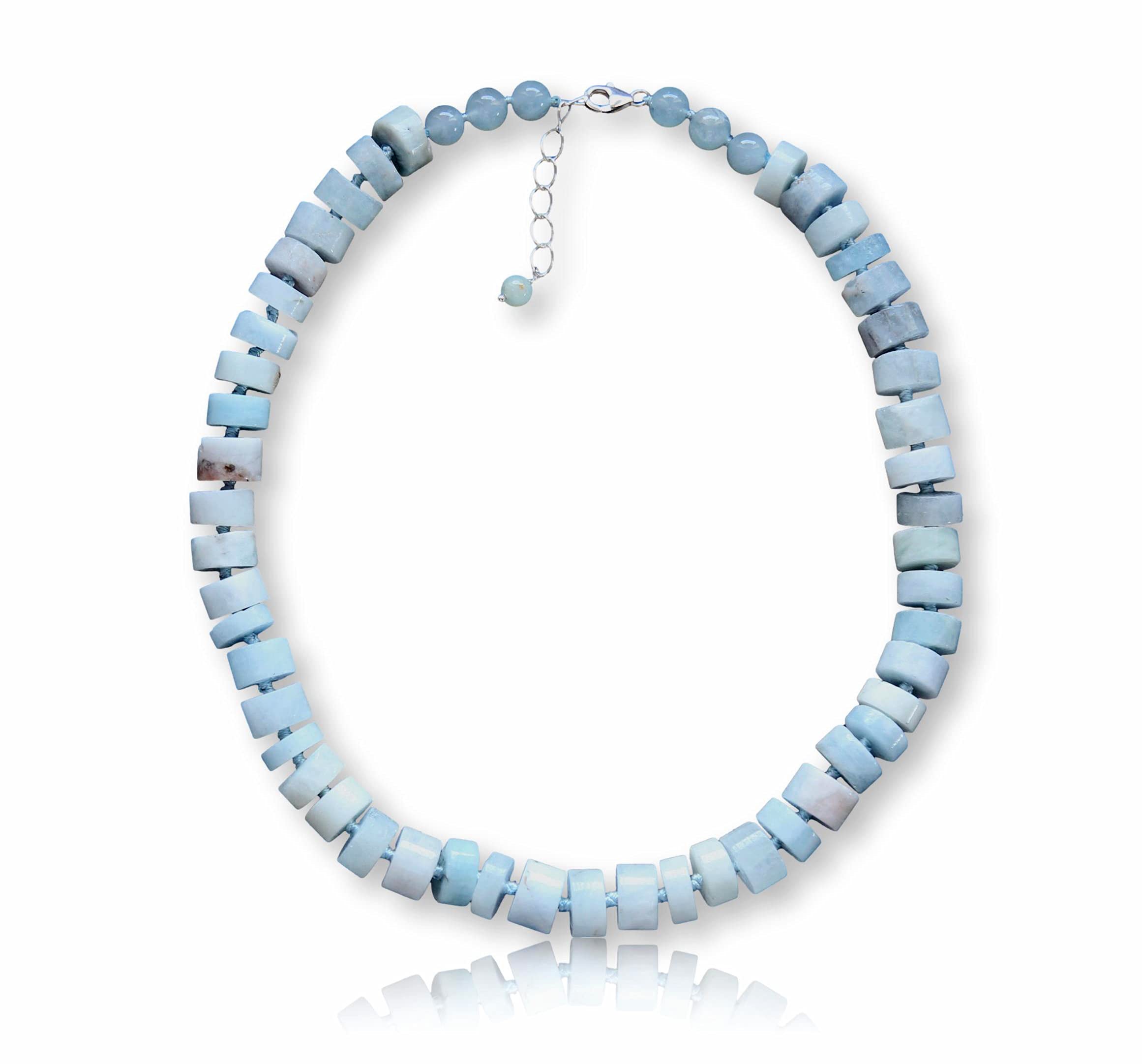 MGR MY GEMS ROCK! Beaded Button-Shape Aquamarine Statement Necklace. Non-Treated Aquamarine Stone Necklace. Collar Necklace, 18-19.50” Long.