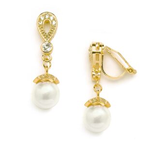 Mariell Clip On Gold Wedding Earrings for Brides, Round Pearl Drop Clip-On CZ Bridal Earring for Women