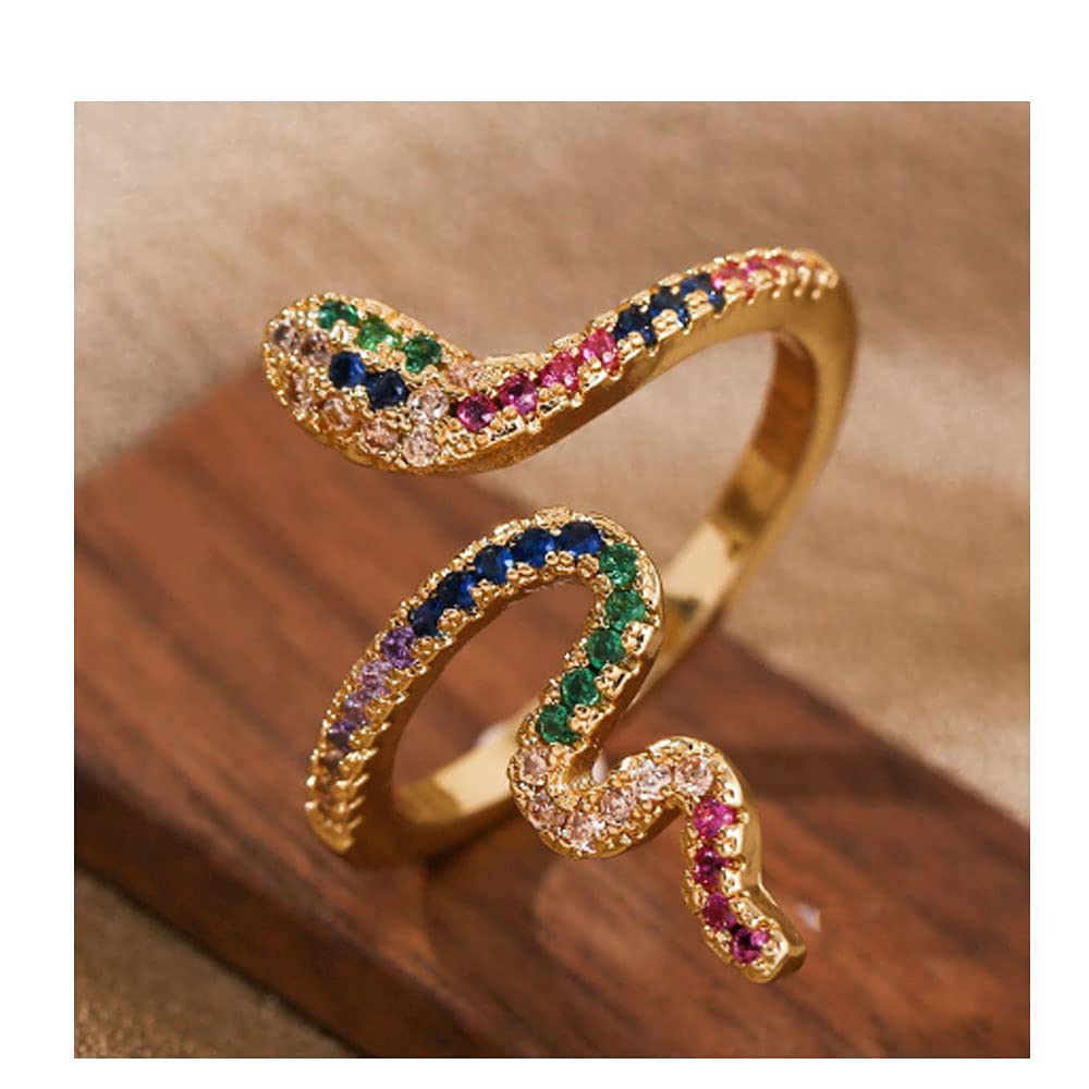 Tafeily Dainty Cute Gold Plated Snake Rings for Women Girls Rainbow CZ Adjustable Rings Expandable Statement Toe Stacking Open Band Finger Ring Valentine's Jewelry Anniversary Birthday Gifts (gold)