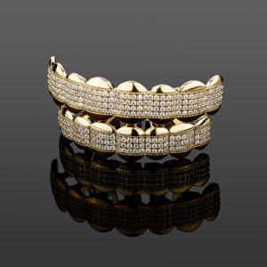 JINAO Hip Hop 4 Rows 8 Top Teeth 3 Rows 8 Bottom Tooth Grillz 14K Gold Plated Iced Out Cubic Zirconia Diamond Mouth Grills for Men and Women(Gold)