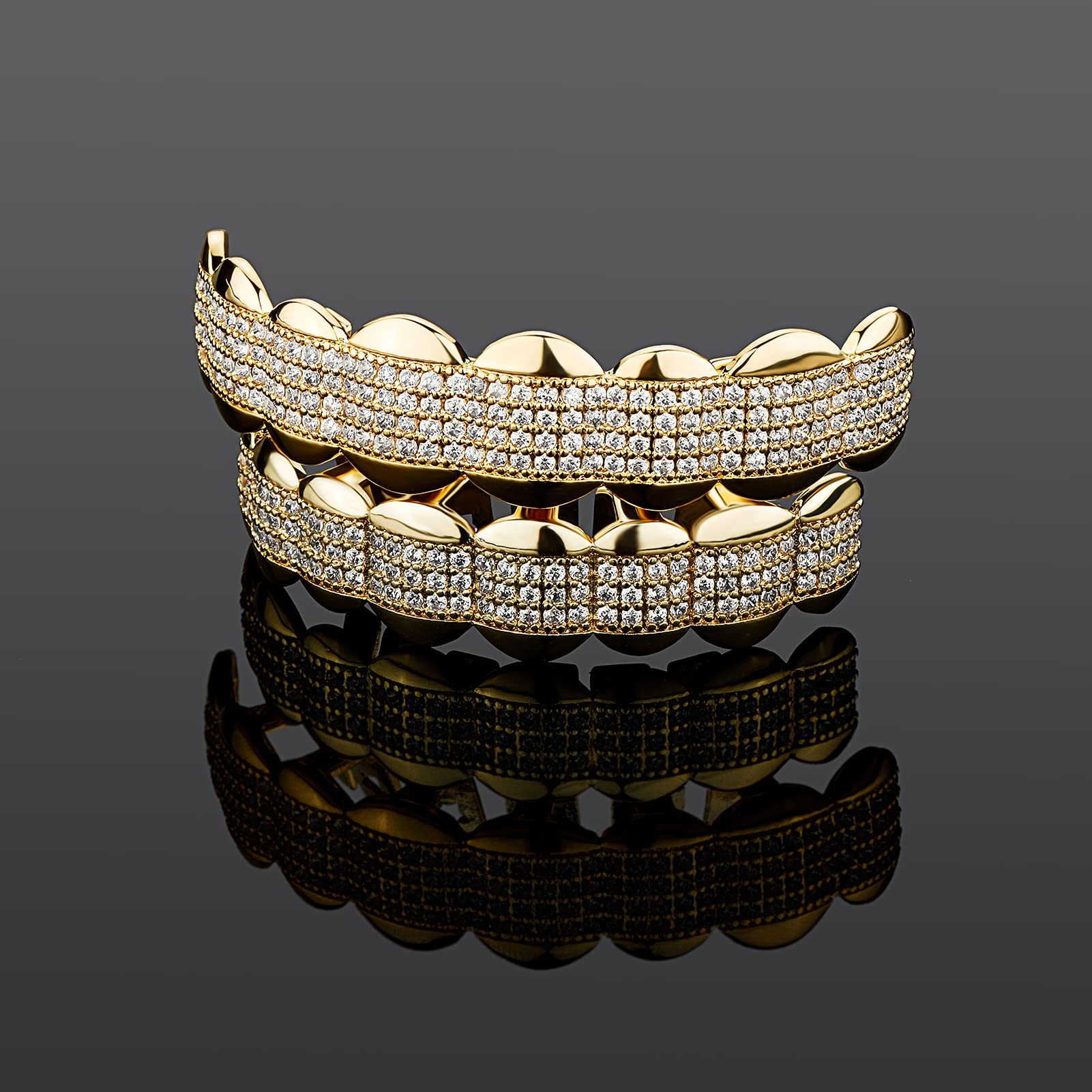 JINAO Hip Hop 4 Rows 8 Top Teeth 3 Rows 8 Bottom Tooth Grillz 14K Gold Plated Iced Out Cubic Zirconia Diamond Mouth Grills for Men and Women(Gold)