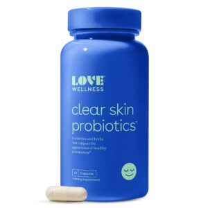 love wellness clear skin probiotic | clear up hormonal acne pimples, reduce pores for healthy hydrated skin | zinc, bifidobacterium longum & chaste tree fruit extract | safe & effective | 30 capsules