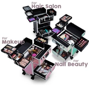 Rolling Makeup Case with Drawer Cosmetology Case on Wheels Makeup Trolley Sliding Drawer Makeup Travel Case for Esthetician, Mobile Stylist, Manicurist Barber Case Traveling Cart Trunk Glitter Pink