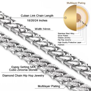 Cuban Link Chain For Men Necklace Bracelet Jewelry Set Silver Fake Diamond Iced Out Mens Bling Thick Necklaces Chains (Silver-14mm,20inch)