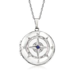 sterling silver compass locket necklace with sapphire accent. 18 inches