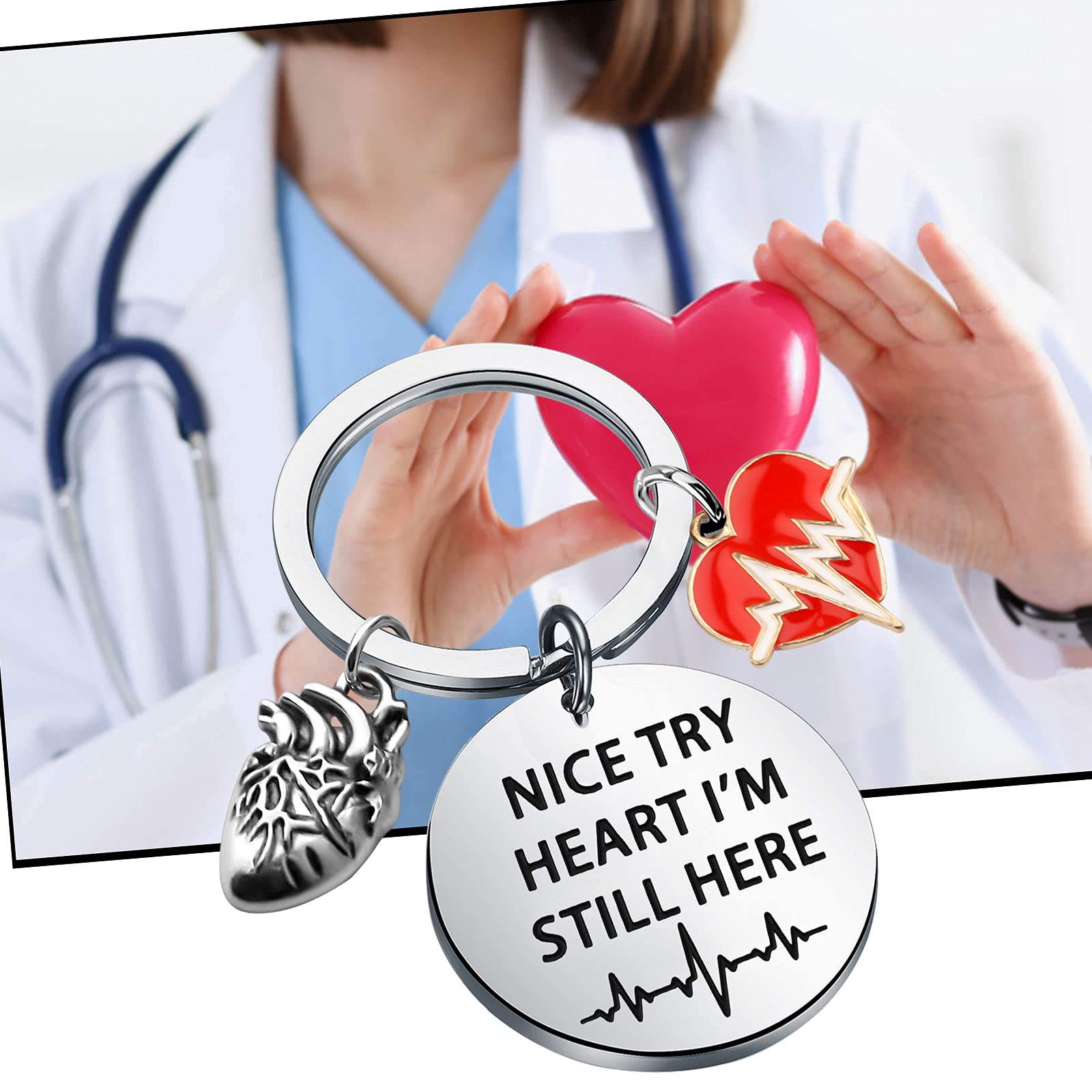 CENWA Heart Attack Survivor Gifts Heart Transplant Gift Nice Try Heart I'm Still Here Keychain (STILL HEART K)