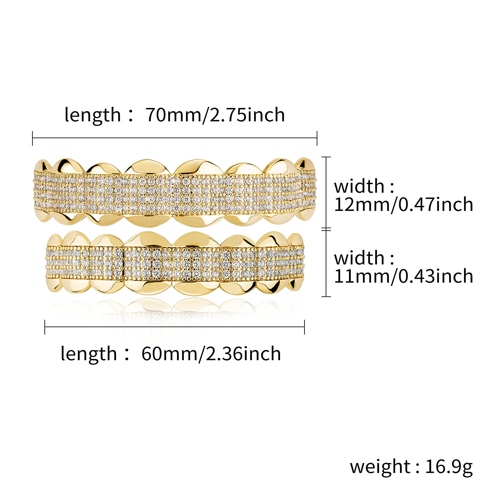 JINAO Hip Hop 4 Rows 8 Top Teeth 3 Rows 8 Bottom Tooth Grillz 14K Gold Plated Iced Out Cubic Zirconia Diamond Mouth Grills for Men and Women(Gold)