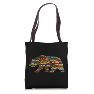 national parks usa list word cloud bear camping & hiking tote bag