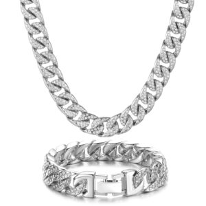 cuban link chain for men necklace bracelet jewelry set silver fake diamond iced out mens bling thick necklaces chains (silver-14mm,20inch)