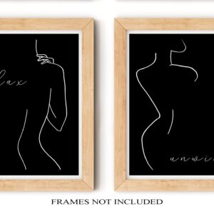 Abstract Minimalist "Relax, Unwind" Black Wall Decor - Set of 2-8"x10" UNFRAMED Prints - Modern, Minimal, Black And White Line Art - Female Figure Silhouette - Bathroom Wall Decor