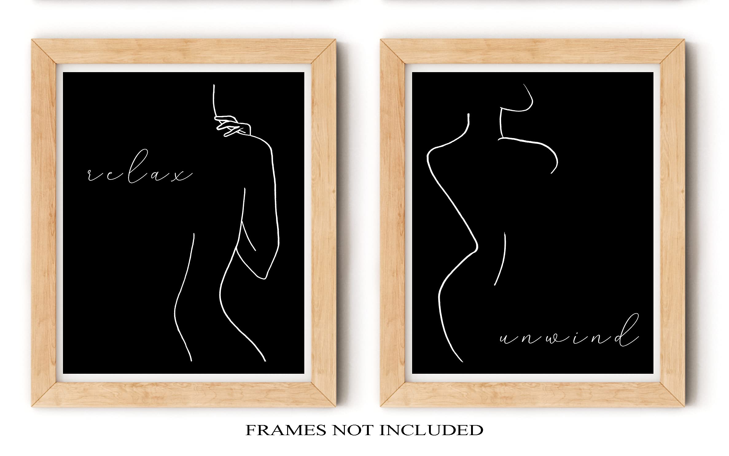 Abstract Minimalist "Relax, Unwind" Black Wall Decor - Set of 2-8"x10" UNFRAMED Prints - Modern, Minimal, Black And White Line Art - Female Figure Silhouette - Bathroom Wall Decor