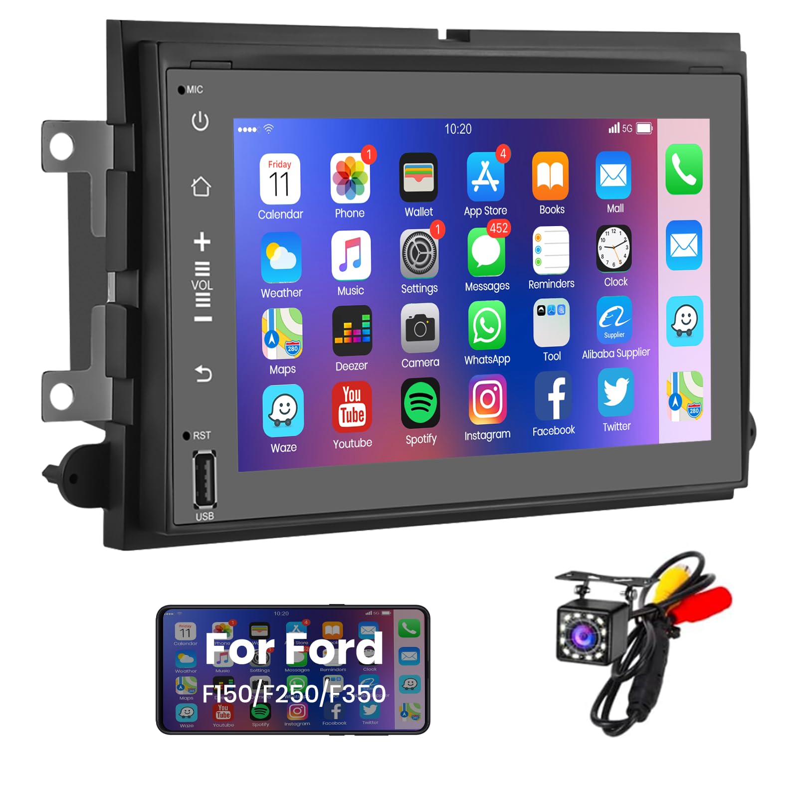 Podofo Android Car Stereo for Ford F150 F250 F350 Fusion Edge Explorer Taurus Freestar, 7 inch Touch Screen Bluetooth Radio with GPS Navigation Support FM/RDS SWC USB Mirrorlink Backup Camera