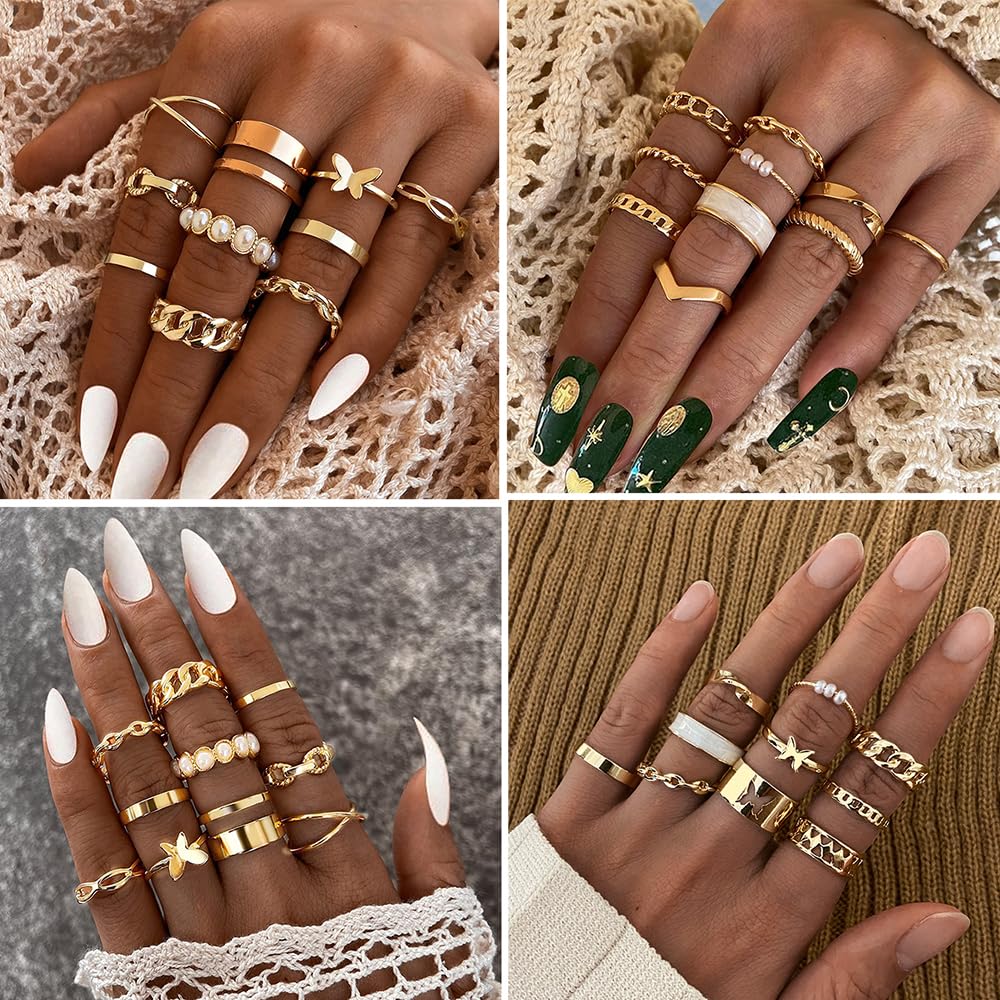 iF YOU 30 Pcs Vintage Gold Knuckle Rings Set, Boho Butterfly Snake Stackable Finger Rings for Women, Midi Rings Pack