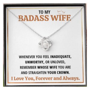 wife necklace gift from husband to my badass wife crown love knot pendant valentines day anniversary jewelry with message card and gift box (standard box, white badass wife)