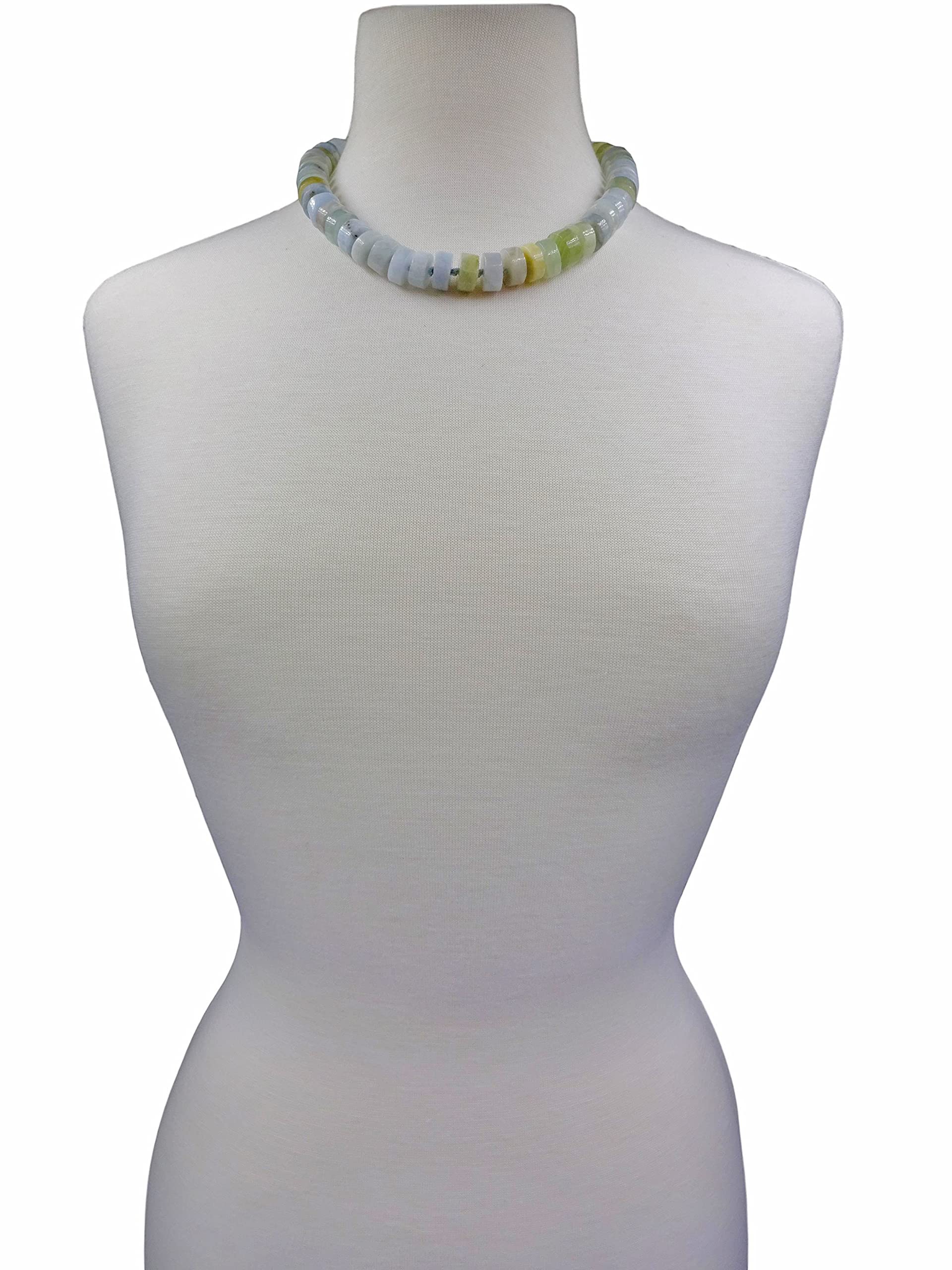 MGR MY GEMS ROCK! Beaded Button-Shape Aquamarine Statement Necklace. Non-Treated Aquamarine Stone Necklace. Collar Necklace, 18-19.50” Long.