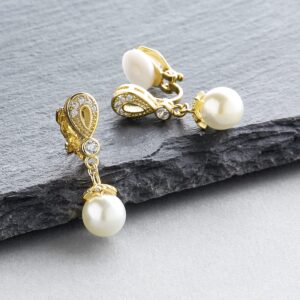 Mariell Clip On Gold Wedding Earrings for Brides, Round Pearl Drop Clip-On CZ Bridal Earring for Women