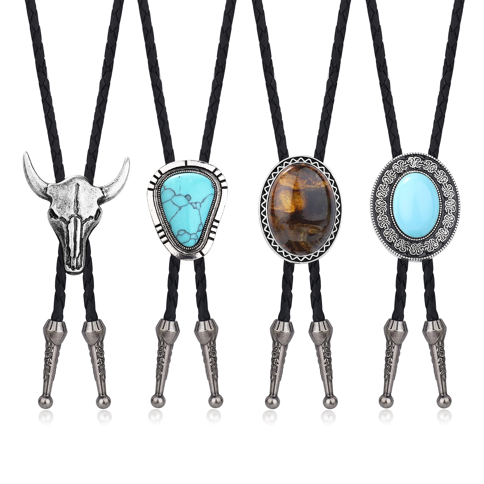 CASSIECA 4Pcs Handmade Bolo Tie for Men Western Cowboy Leather Necktie Halloween Costume Accessories for Men Women