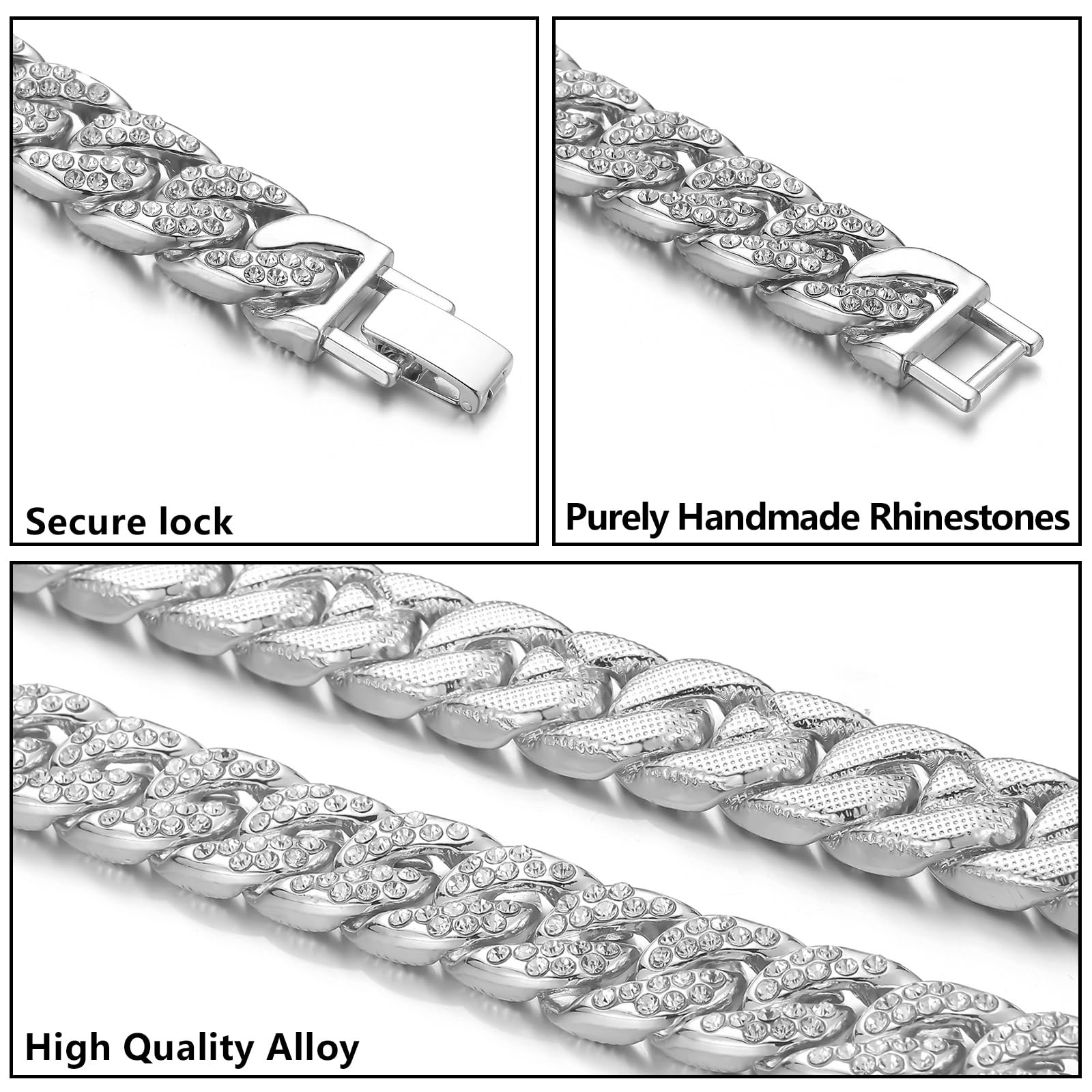 Cuban Link Chain For Men Necklace Bracelet Jewelry Set Silver Fake Diamond Iced Out Mens Bling Thick Necklaces Chains (Silver-14mm,20inch)