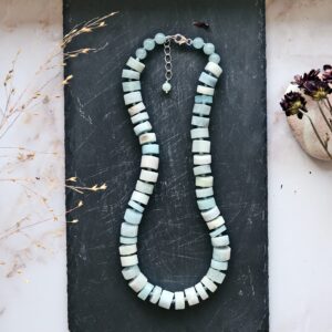 MGR MY GEMS ROCK! Beaded Button-Shape Aquamarine Statement Necklace. Non-Treated Aquamarine Stone Necklace. Collar Necklace, 18-19.50” Long.