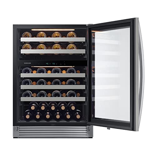 SAMSUNG 34-Inch Wine Cooler Refrigerator, 51 Bottle Capacity, Freestanding, Under Cabinet Fridge w/ Dual Temperature Zones, LED Lighting, Fingerprint Resistant, RW51TS338SR/AA, Stainless Steel