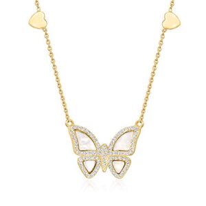 ross-simons mother-of-pearl and .70 ct. t.w. white topaz butterfly necklace in 18kt gold over sterling. 16 inches