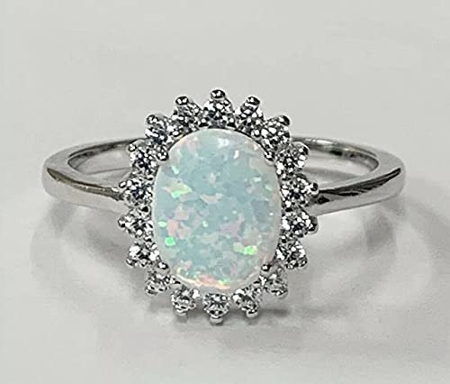 1 1/5 CT Oval Shape Simulated White Opal Halo Floral Womens Wedding Engagement Ring in 14K White Gold Plated 925 Sterling Silver (1.20 Cttw) Ring Size - 6.5