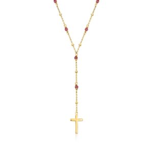 ross-simons 2.30 ct. t.w. garnet rosary beads with cross necklace in 18kt gold over sterling. 16 inches