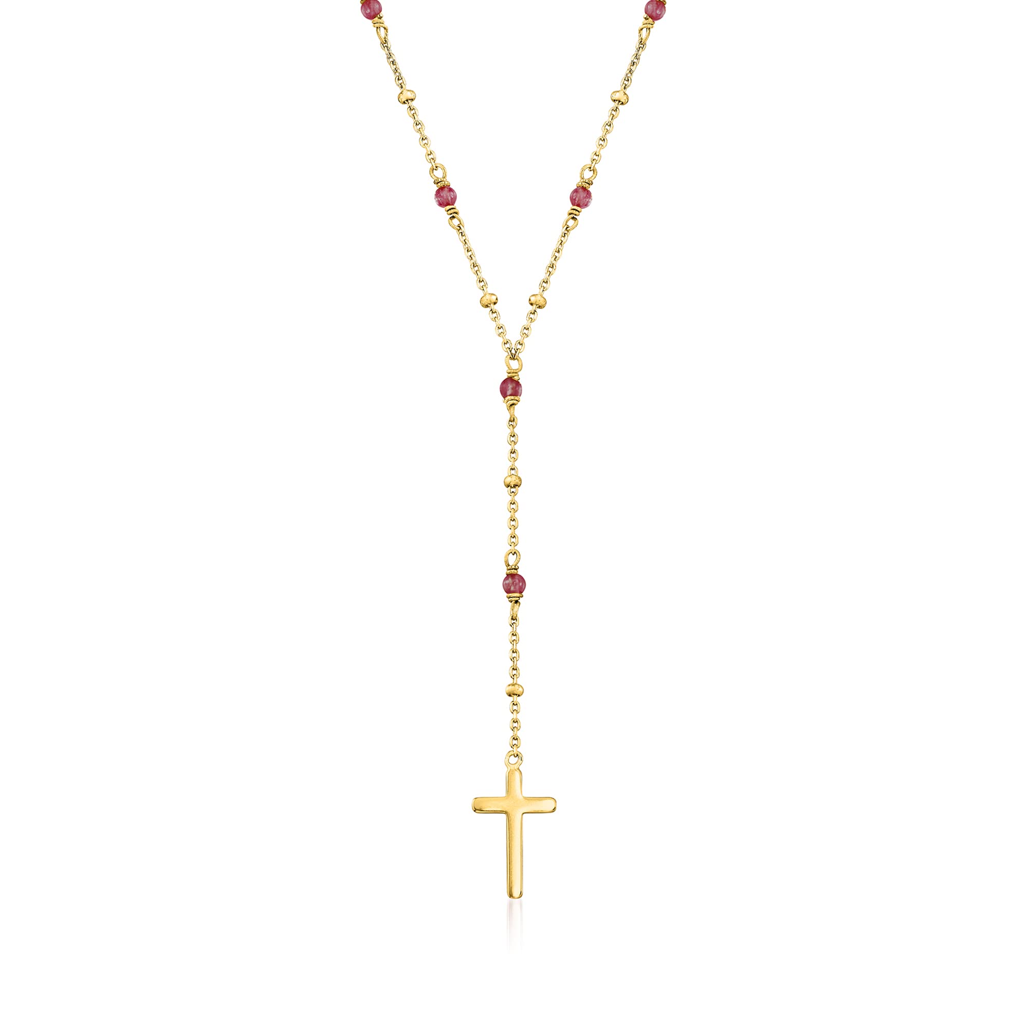 Ross-Simons 2.30 ct. t.w. Garnet Rosary Beads With Cross Necklace in 18kt Gold Over Sterling. 16 inches