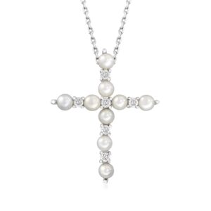 ross-simons 3mm cultured pearl cross pendant necklace with diamond accents in sterling silver. 18 inches