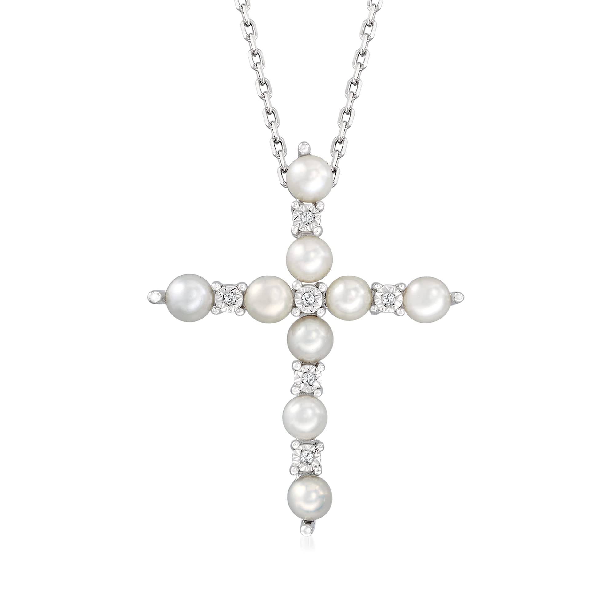 Ross-Simons 3mm Cultured Pearl Cross Pendant Necklace With Diamond Accents in Sterling Silver. 18 inches