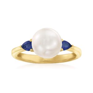 ross-simons 8mm cultured pearl and .30 ct. t.w. sapphire ring in 18kt gold over sterling. size 6