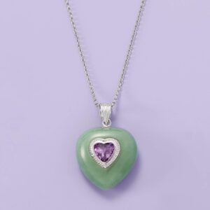 Ross-Simons Jade and 1.50 Carat Amethyst Heart Pendant Necklace in Sterling Silver. 18 inches