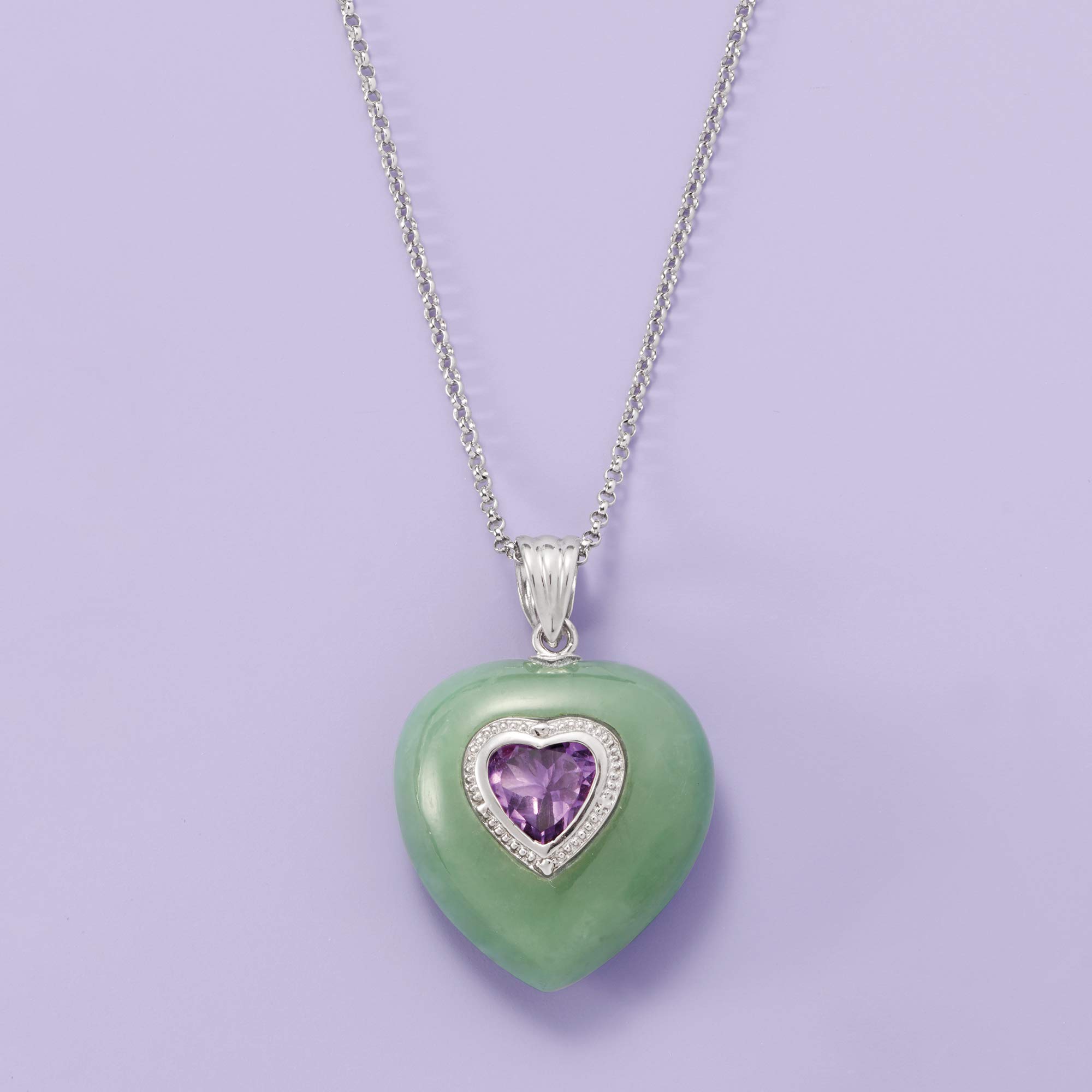 Ross-Simons Jade and 1.50 Carat Amethyst Heart Pendant Necklace in Sterling Silver. 18 inches