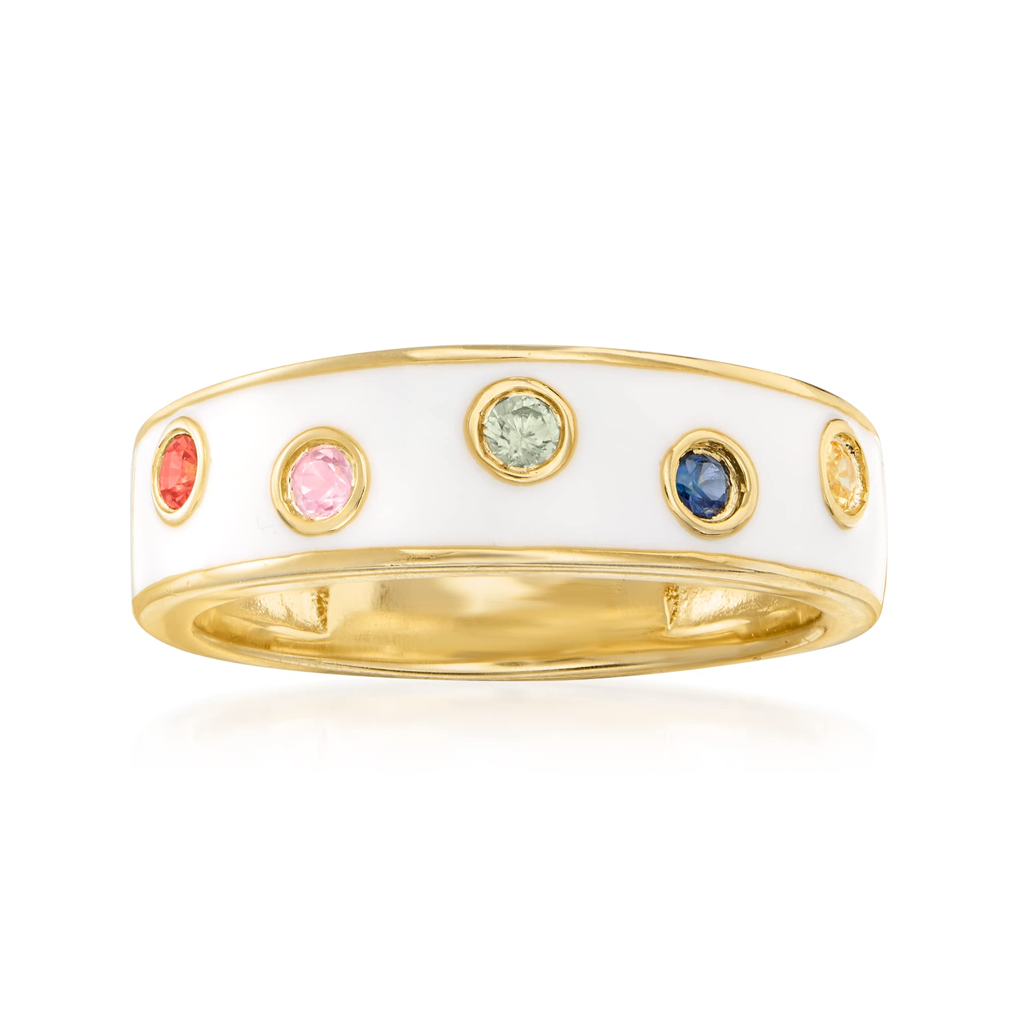 Ross-Simons 0.20 ct. t.w. Multicolored Sapphire and White Enamel Ring in 18kt Gold Over Sterling. Size 8