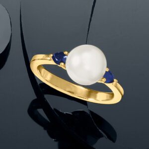 Ross-Simons 8mm Cultured Pearl and .30 ct. t.w. Sapphire Ring in 18kt Gold Over Sterling. Size 6