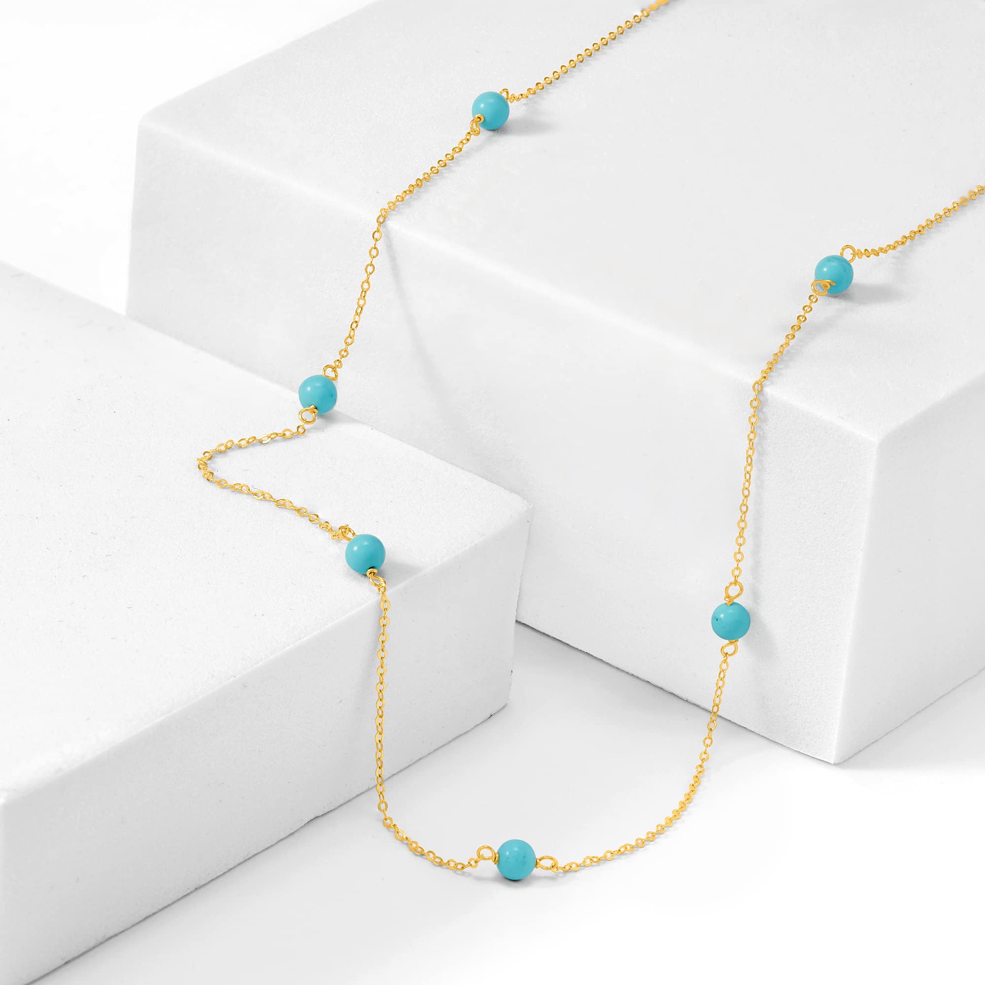 Ross-Simons Italian 4mm Turquoise Bead Station Necklace in 14kt Yellow Gold. 16 inches