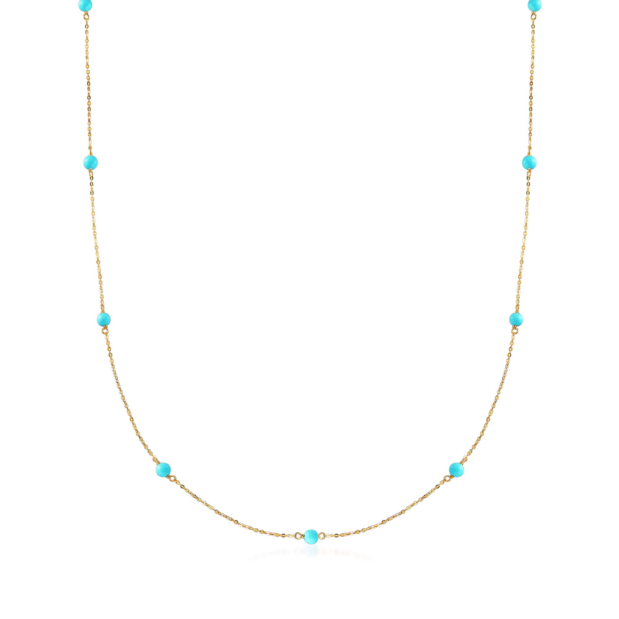 Ross-Simons Italian 4mm Turquoise Bead Station Necklace in 14kt Yellow Gold. 16 inches