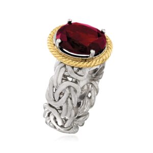 Ross-Simons 3.40 Carat Garnet Byzantine Ring in Sterling Silver and 14kt Yellow Gold. Size 9