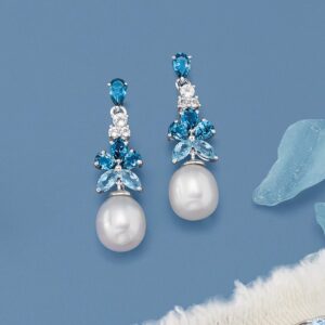 Ross-Simons 8.5-9mm Cultured Pearl and 2.30 ct. t.w. Blue and White Topaz Drop Earrings in Sterling Silver