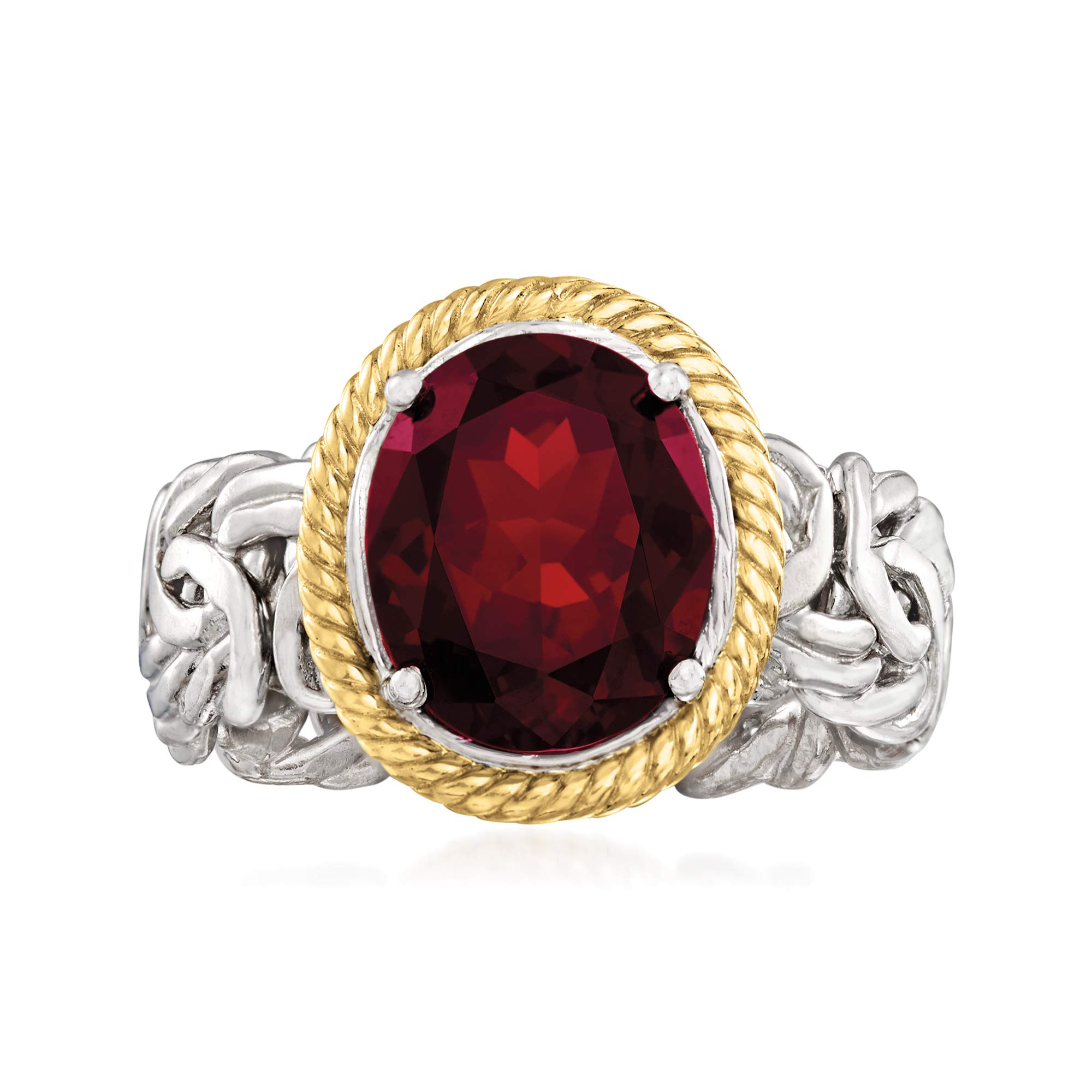 Ross-Simons 3.40 Carat Garnet Byzantine Ring in Sterling Silver and 14kt Yellow Gold. Size 9