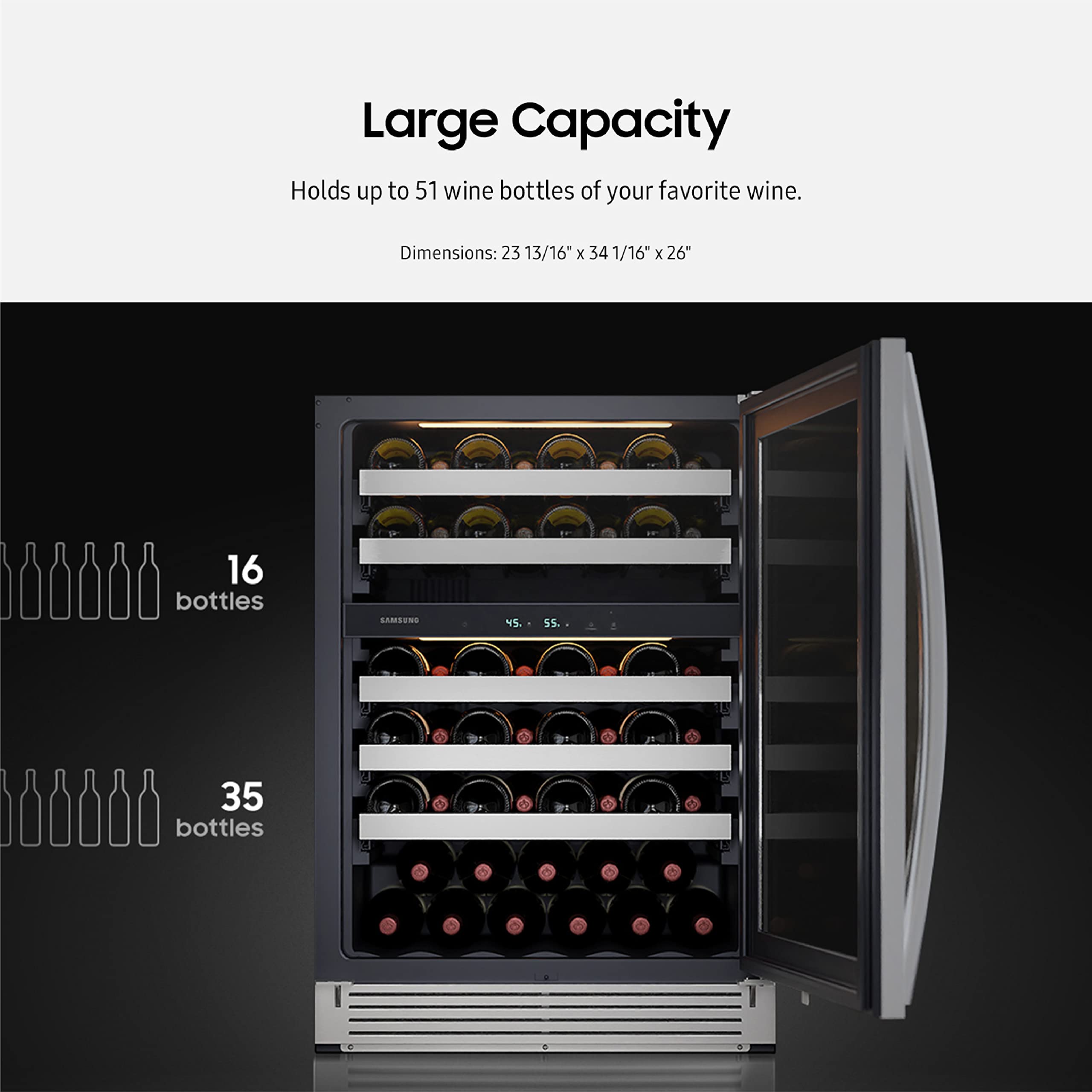 SAMSUNG 34-Inch Wine Cooler Refrigerator, 51 Bottle Capacity, Freestanding, Under Cabinet Fridge w/ Dual Temperature Zones, LED Lighting, Fingerprint Resistant, RW51TS338SR/AA, Stainless Steel