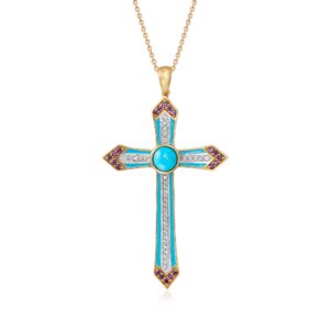 ross-simons turquoise, 30 ct. t.w. amethyst and .30 ct. t.w. white topaz cross pendant necklace with enamel in 18kt gold over sterling. 18 inches