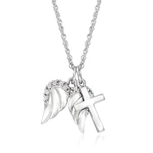 ross-simons 14kt white gold cross and angel wings pendant necklace with diamond accents. 18 inches